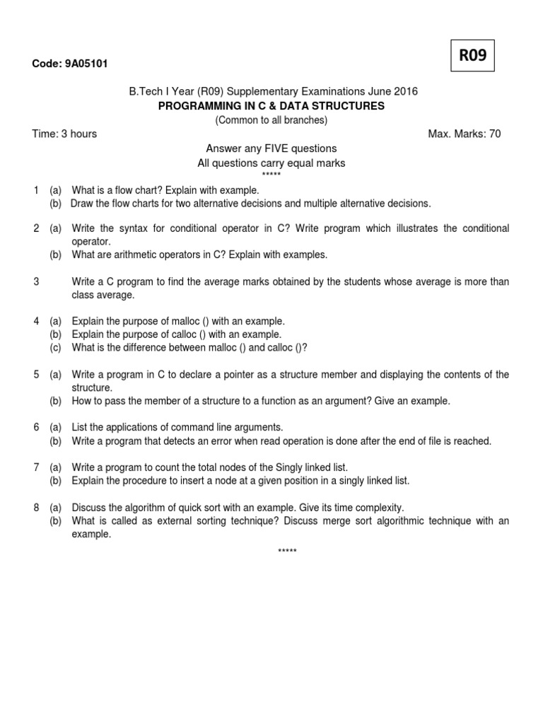 9A05101 Programming in C and Data Structures June 2016 | PDF