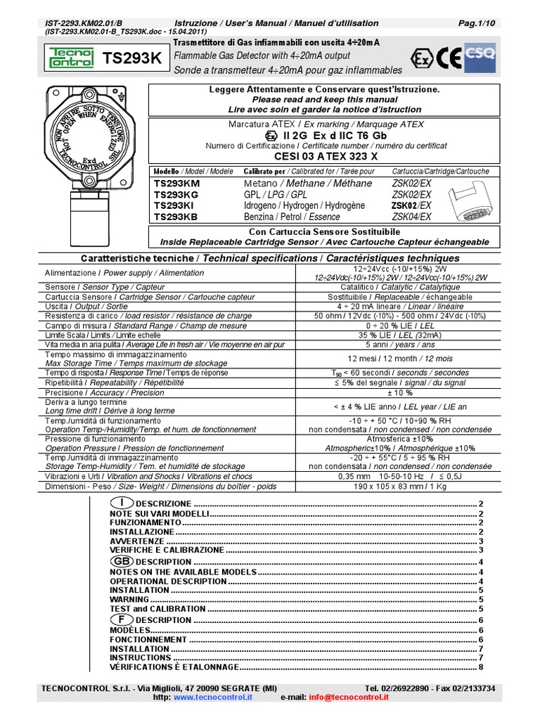 Ii 2G Ex D Iic T6 GB Cesi 03 Atex 323 X: Sonde A Transmetteur 4÷20ma ...