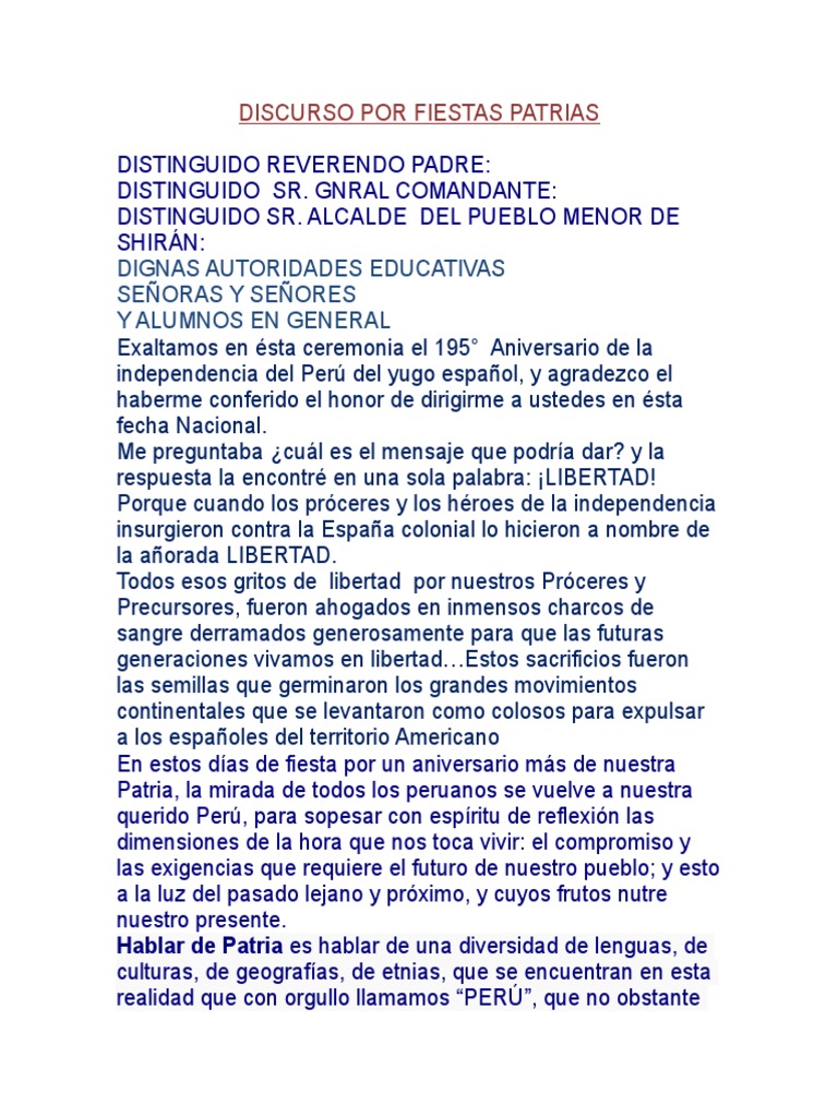 Discurso Fiestas Patrias | PDF | Perú | Amor Discurso Fiestas Patrias | PDF | Perú | Amor