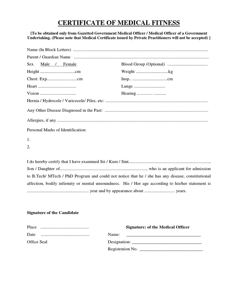 Medical Fitness Certificate Format | PDF | Medicine | Medical Specialties
