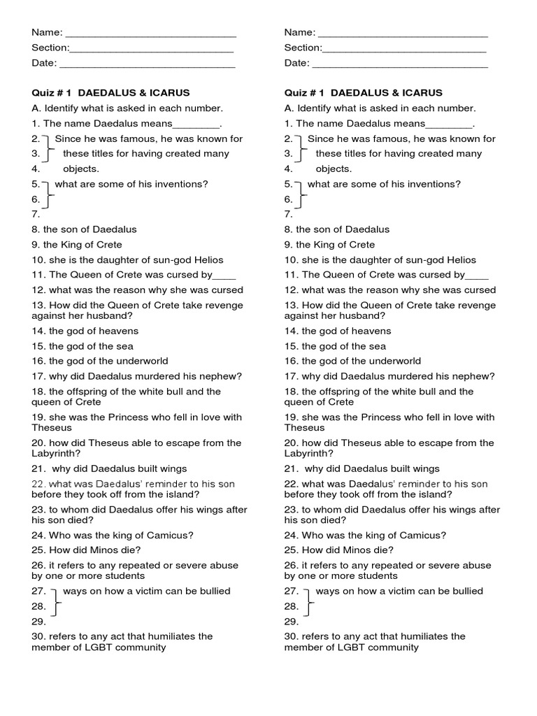 Quiz # 1 Daedalus & Icarus Quiz # 1 Daedalus & Icarus | PDF | Theseus ...