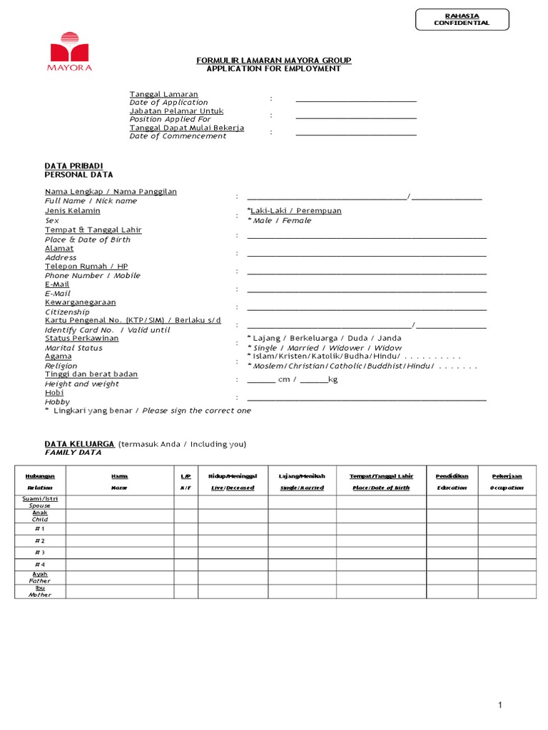 Form Biodata Pelamar-Mayora | PDF