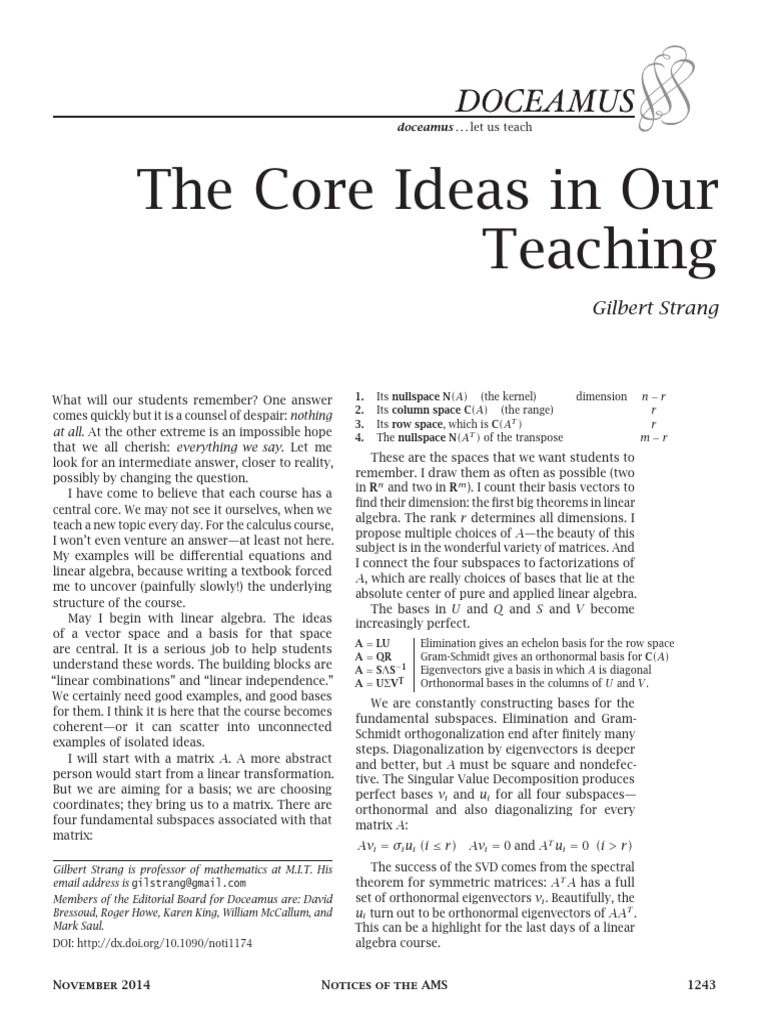 The Core Ideas in Our Teaching: Gilbert Strang | PDF | Basis (Linear ...