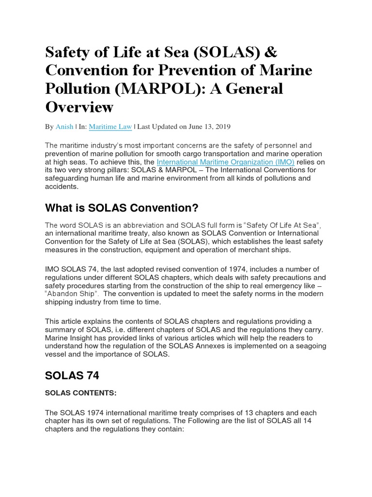 Safety of Life at Sea (SOLAS) & Convention For Prevention of Marine ...