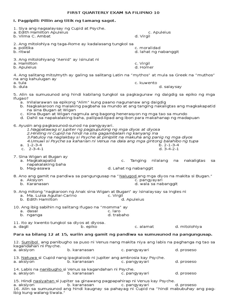 Paunang Pagsusulit Sa Filipino 10 | PDF