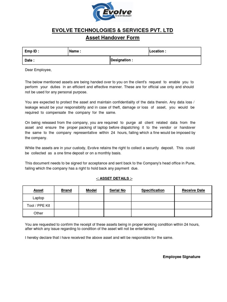 Evolve Technologies & Services Pvt. LTD Asset Handover Form: Empid: Name: Location: Date ...
