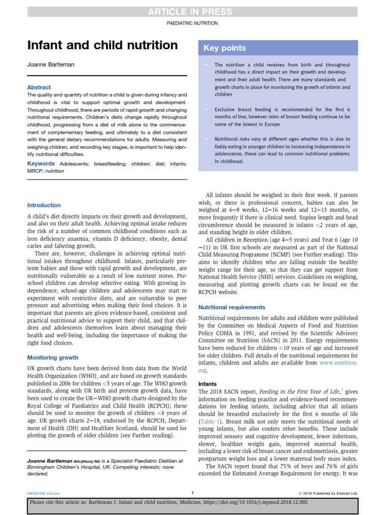 Infant and Child Nutrition: Key Points | PDF | Obesity | Nutrition
