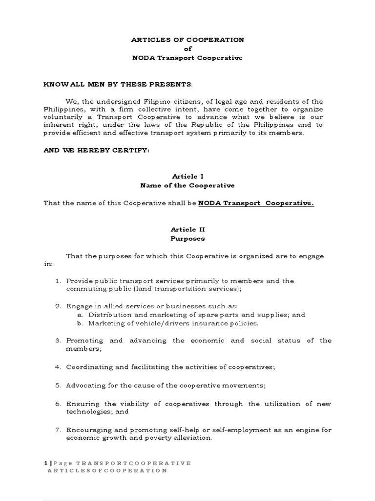 Transport Articles of Cooperation | PDF | Cooperative | Poverty