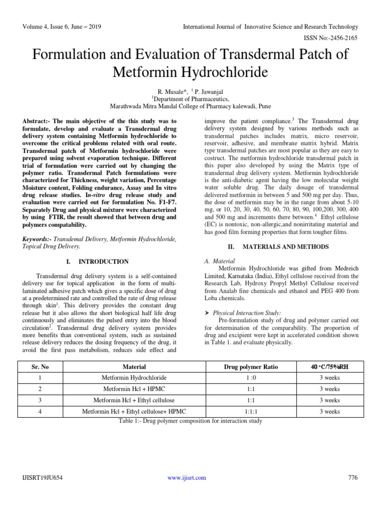 Formulation and Evaluation of Transdermal Patch of Metformin ...