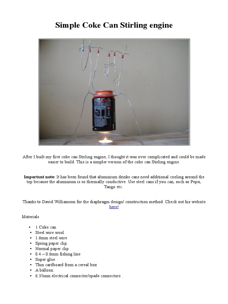 Simple Coke Can Stirling Engine | PDF | Wire | Manufactured Goods
