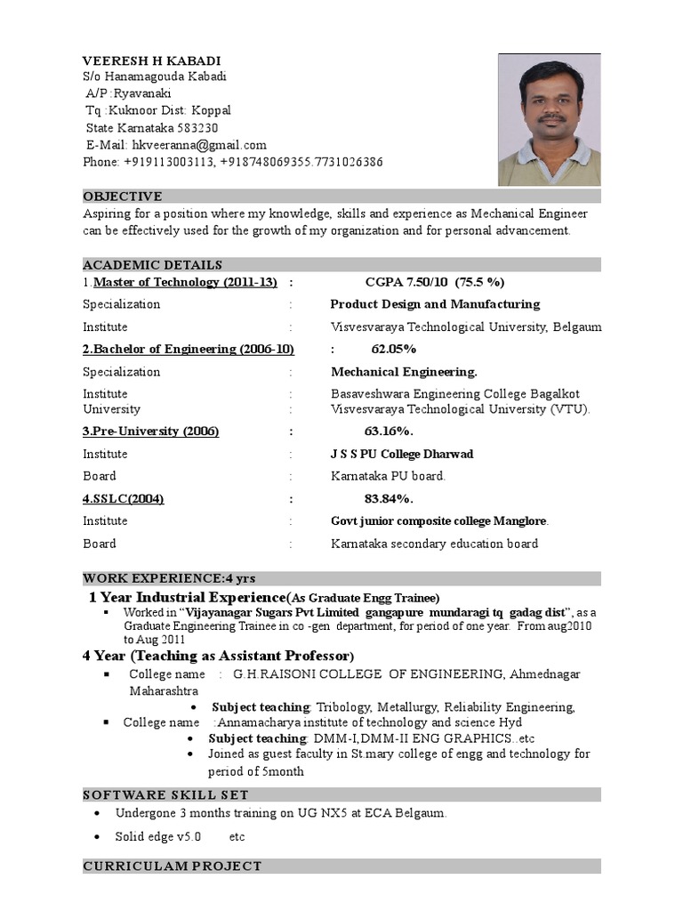 VEERESH RESUME With Photo Lebelled | PDF | Academia | Science And Technology