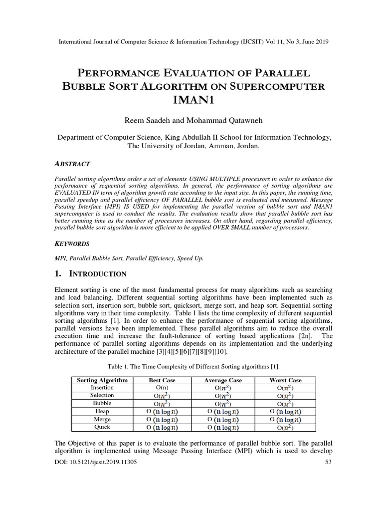 Performance Evaluation Of Parallel Bubble Sort Algorithm On Supercomputer Iman1 Pdf Parallel