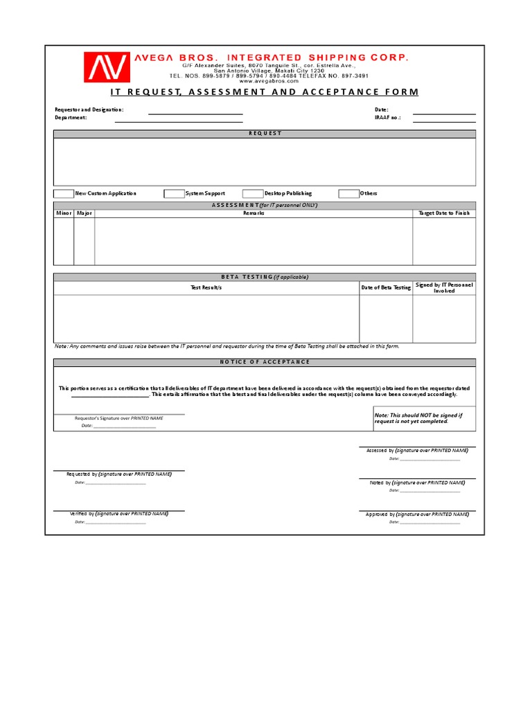 It Request, Assessment and Acceptance Form: Assessed by (Signature Over ...