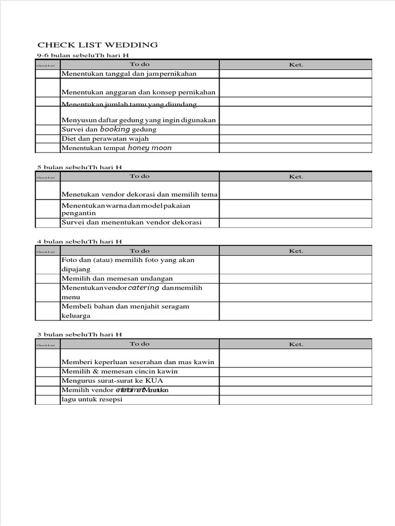 Checklist Persiapan Pernikahan Untuk Calon Penganti | PDF