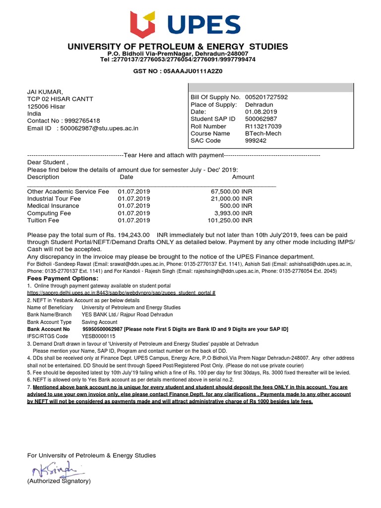 Upes Fee Invoice PDF PDF Invoice Service Industries