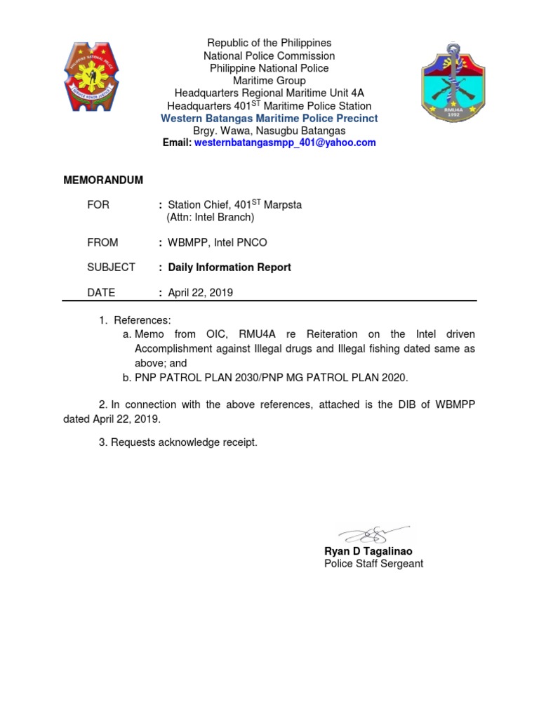 Western Batangas Maritime Police Precinct: Memorandum: Station Chief ...
