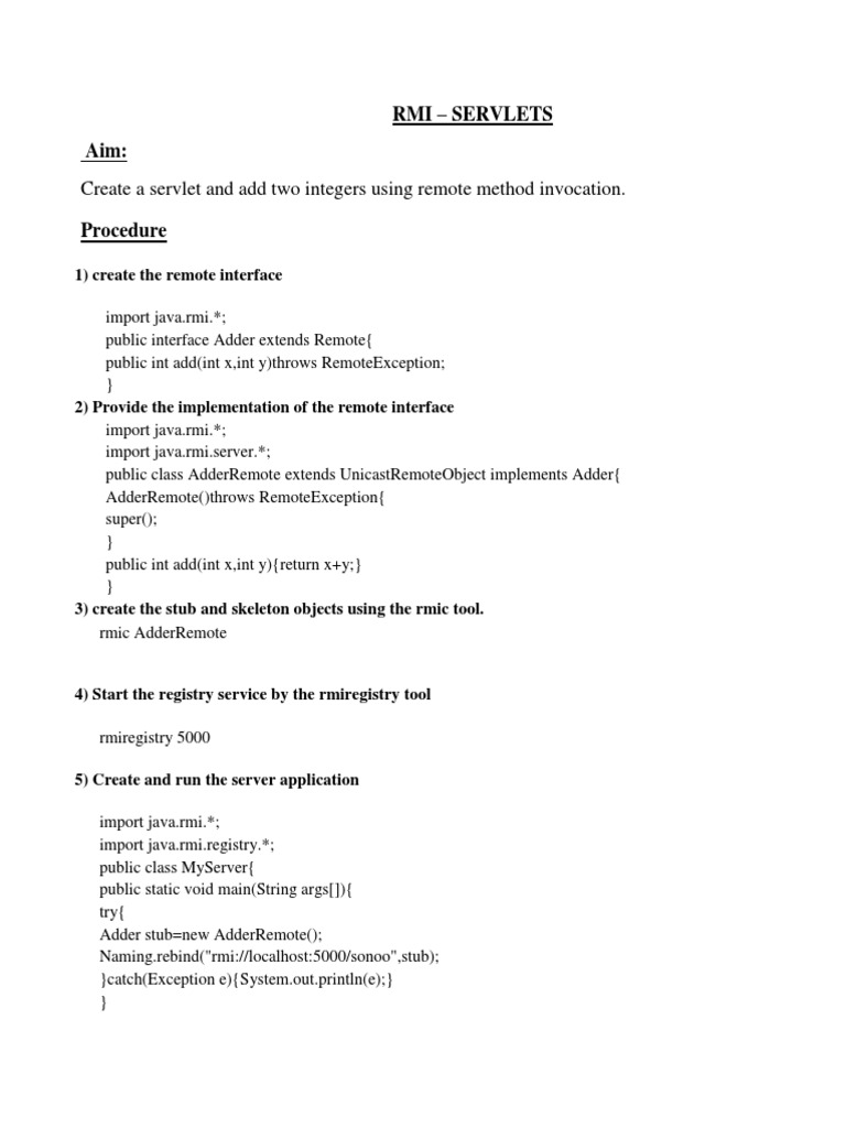 Create A Servlet and Add Two Integers Using Remote Method Invocation | PDF