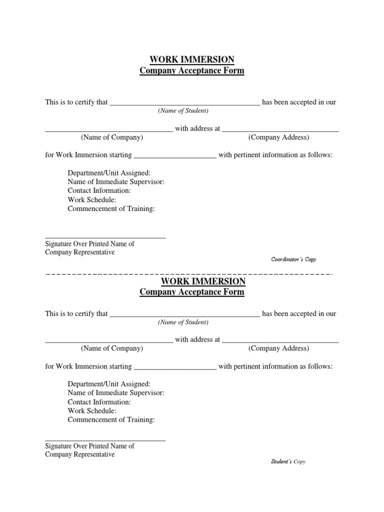 Work Immersion Company Acceptance Form: (Name of Student) | PDF