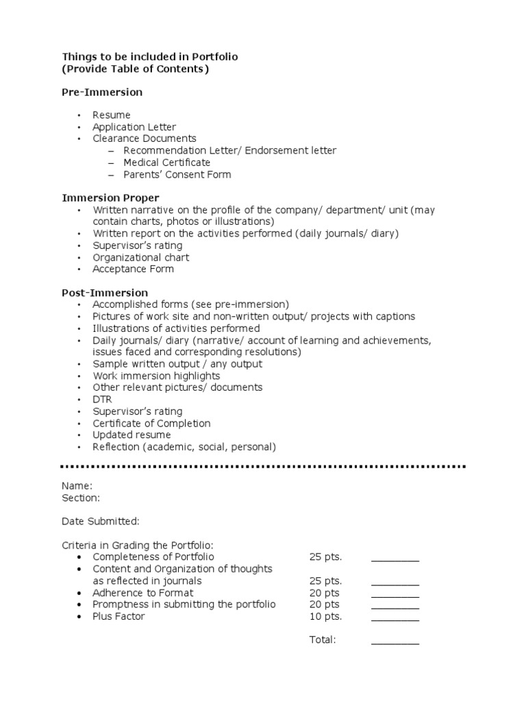 Things To Be Included in Portfolio (Provide Table of Contents) Pre ...