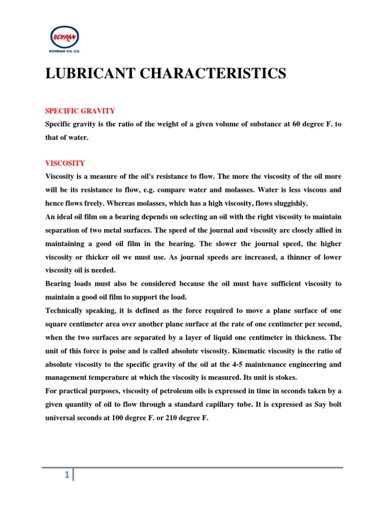 Lubricant Characteristics: Specific Gravity | PDF | Lubricant | Viscosity