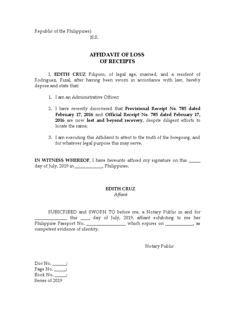 Affidavit of Loss Receipts | PDF