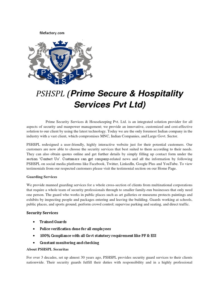 Prime Secure & Hospitality Services PVT LTD | PDF | Security Guard ...