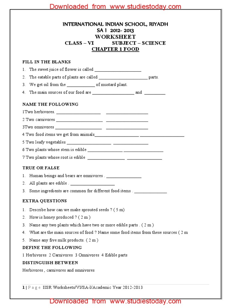 International Indian School, Riyadh SA I 2012-2013: Worksheet | PDF