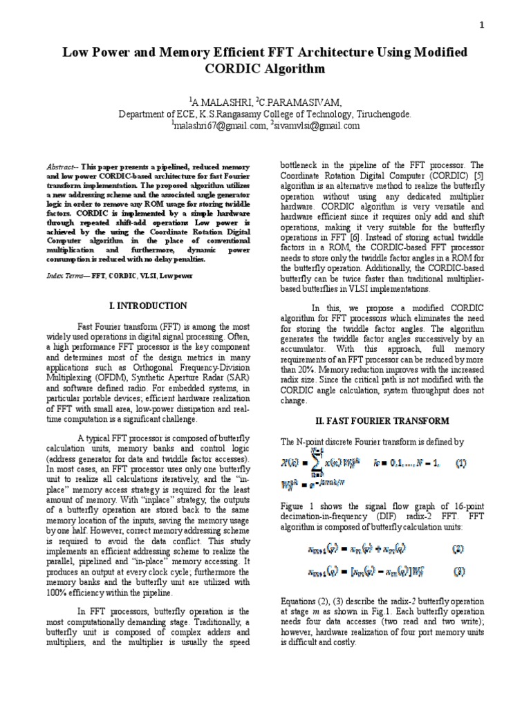 Low Power And Memory Efficient Fft Architecture Using Modified Cordic Algorithm Pdf Fast