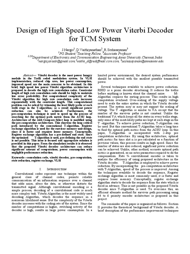 Design of High Speed Low Power Viterbi Decoder For TCM System | PDF ...