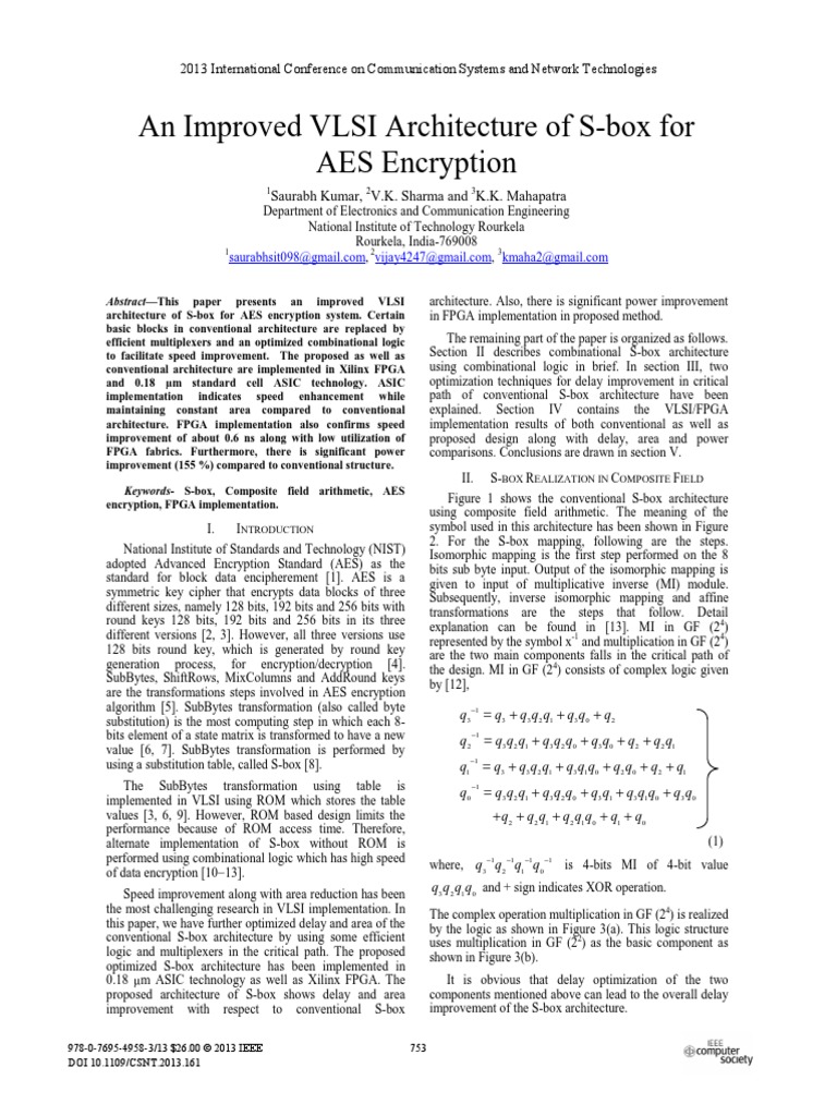 An Improved VLSI Architecture of S-Box For AES Encryption | PDF | Field Programmable Gate Array ...