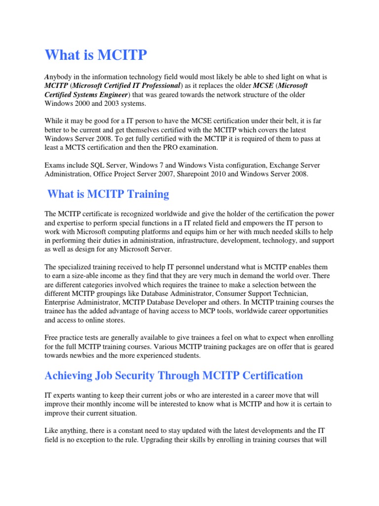 What Is Mcitp | PDF | Microsoft Certified Professional | Microsoft