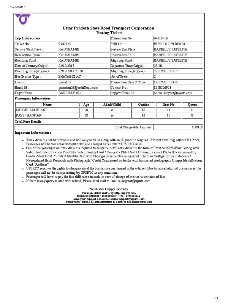 Insights into a UP State Road Transport Corporation Bus Ticket from ...