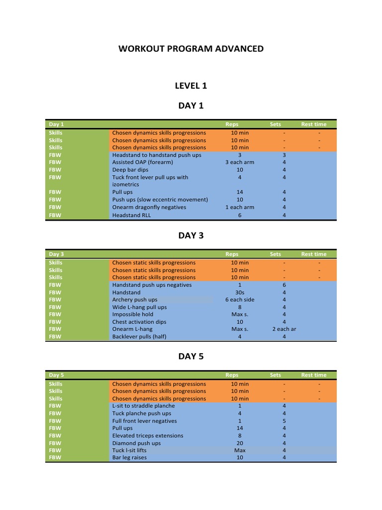 Workout Program Advanced: Day 1 Reps Sets Rest Time Skills Skills ...