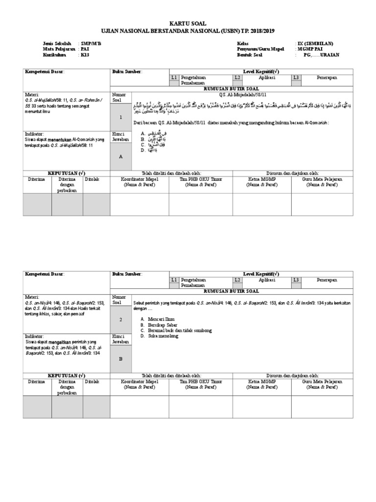 Kartu Soal Usbn Pai Fix | PDF