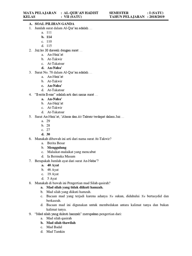 Soal Al-Qur'an Hadist Kelas 9 | PDF