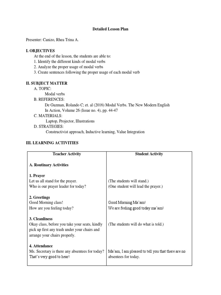 Detailed lesson plan | Verb | Question