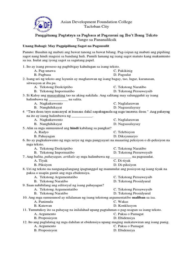 Pagbasa at Pagsusuri - Semi-final Exam