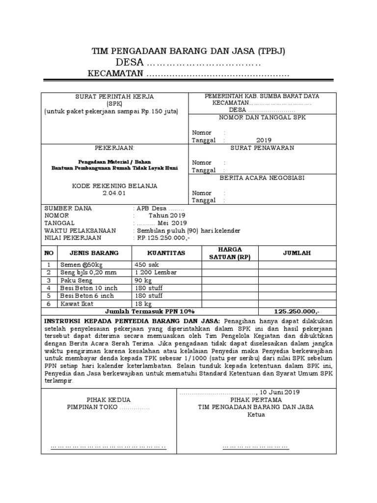 Contoh SPK Pengadaan Barang Desa | PDF