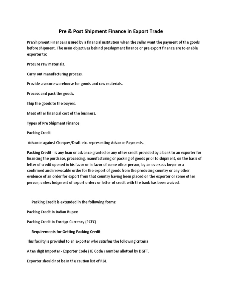 Pre & Post Shipment Finance in Export Trade | PDF | Credit | Finance ...