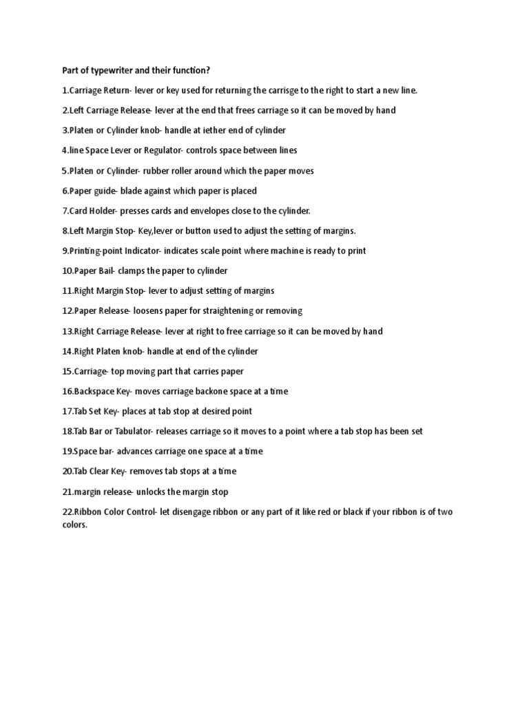 Part of Typewriter and Their Function | PDF