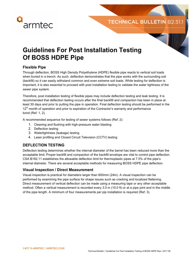 Guidelines For Post Installation Testing of Boss Hdpe Pipe | PDF ...
