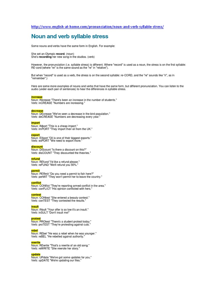 Noun and Verb Syllable Stress PDF | PDF | Stress (Linguistics) | Verb