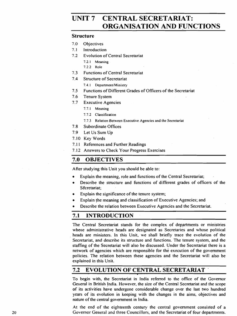 Unit 7 Central Secretariat: Organisation and Functions: Structure | PDF ...