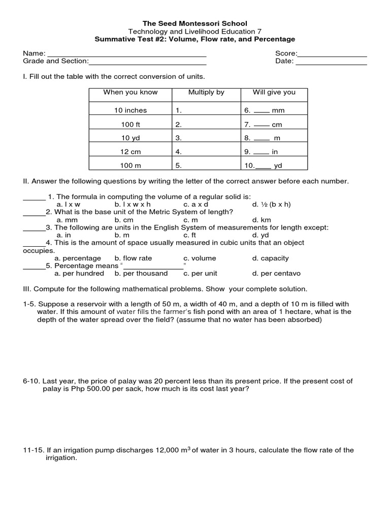 Montessori TLE 7 Summative Test: Volume & Flow | PDF | Teaching Methods ...