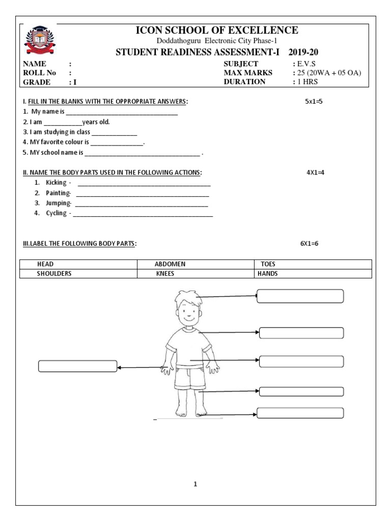 Icon School of Excellence: Student Readiness Assessment-I 2019-20 | PDF
