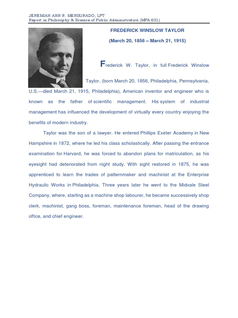Frederick W Taylor Father of Scientific Management | PDF | Economic ...