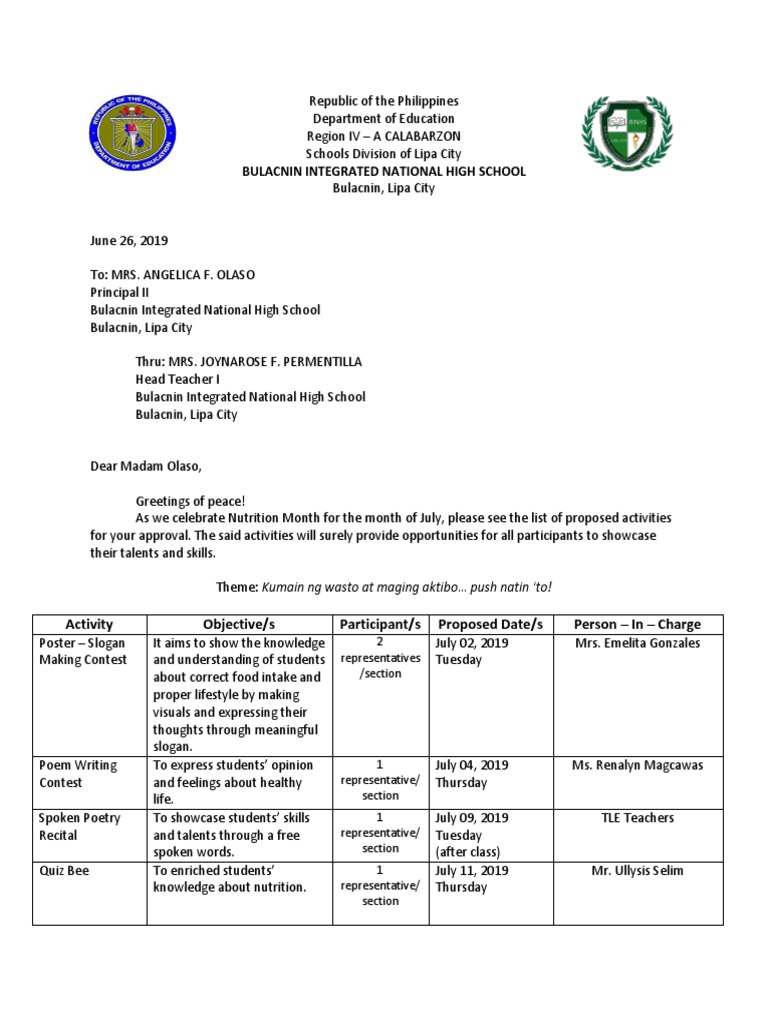 Proposal Letter For Tle Month | PDF