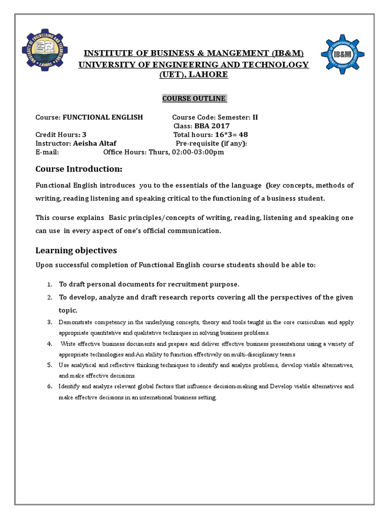 Functional English for BBA Students | PDF | Test (Assessment) | Curriculum