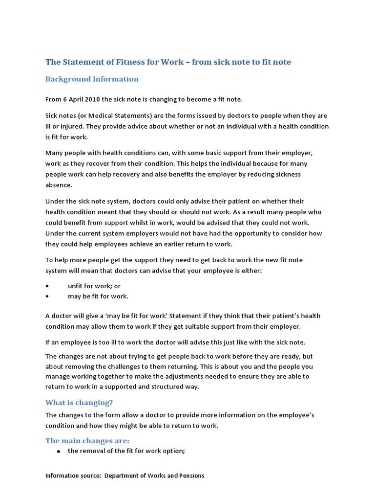Statement to Fit Note Guide | PDF | Sick Leave | Employment