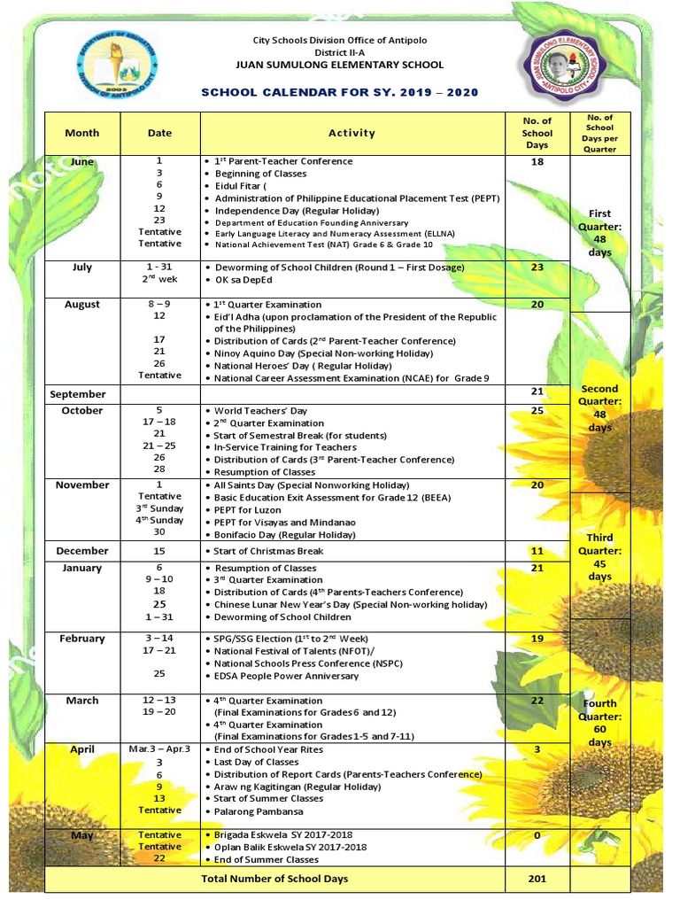 School Calendar For SY 2019 2020 | PDF | Public Holiday | Observances